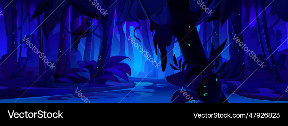 Night jungle forest with river cartoon background Vector Image