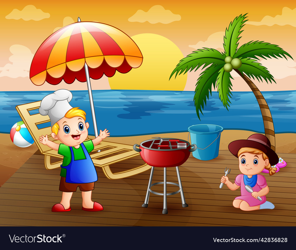 Happy children bbq on the beach in summer Vector Image