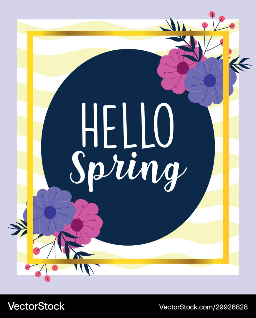 Hello spring floral flower badge gold frame Vector Image