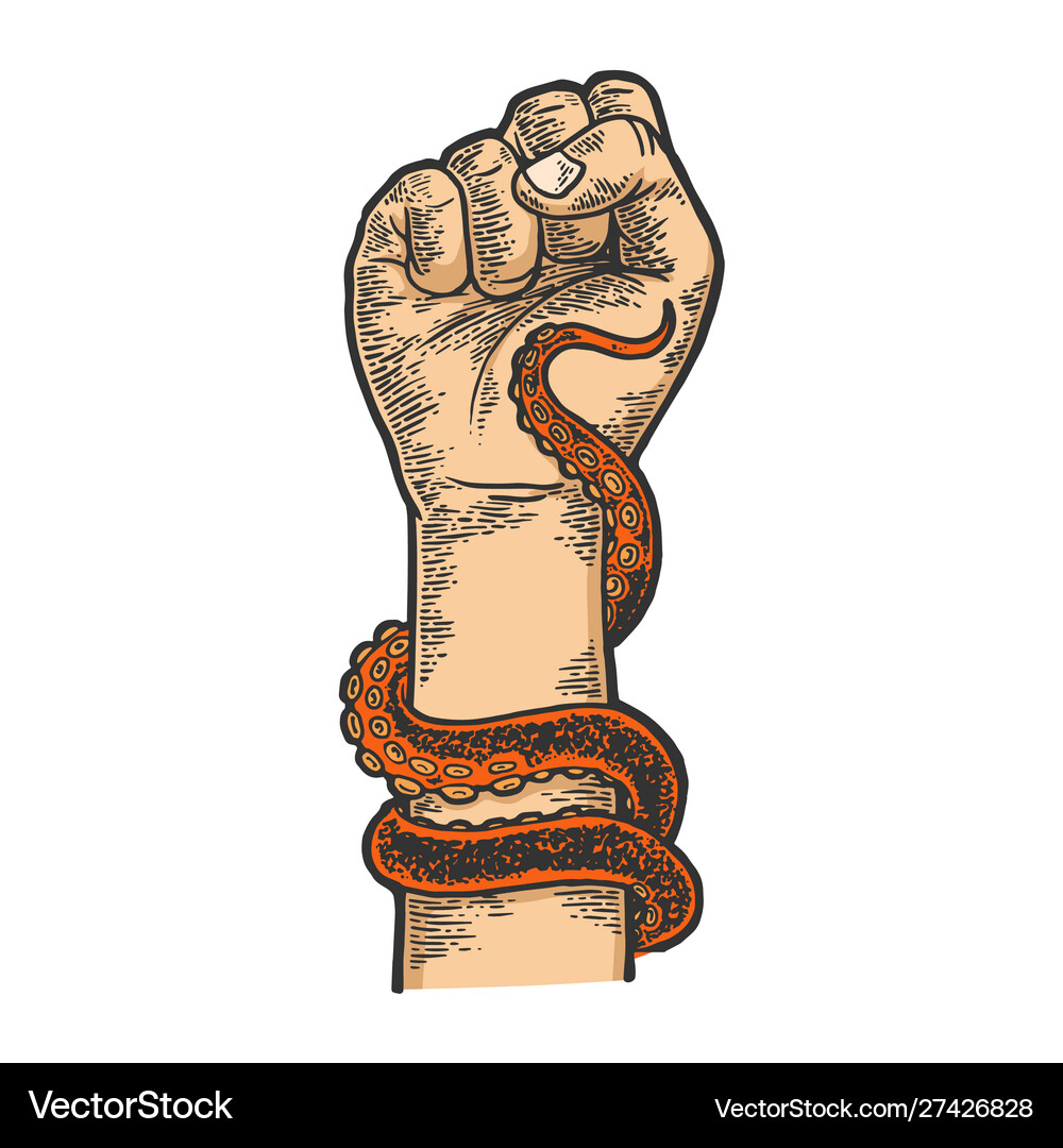 Octopus around human hand sketch engraving Vector Image