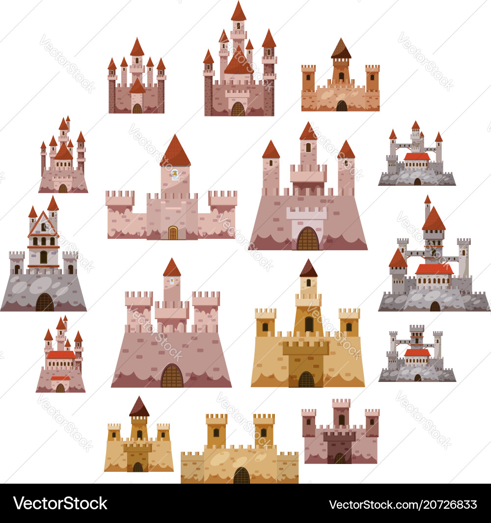 Castle tower icons set cartoon style Royalty Free Vector