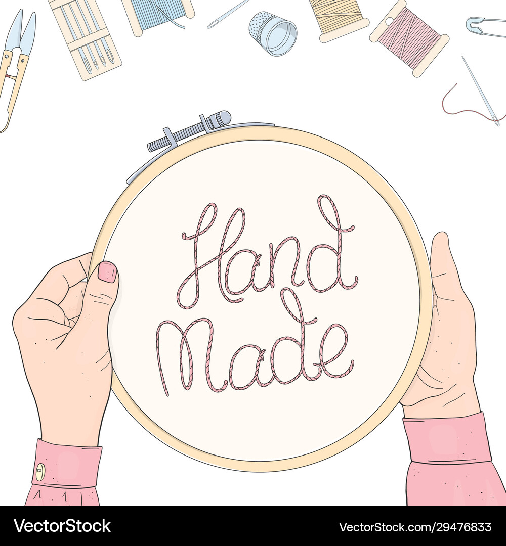 Women s hands and embroidery hoops with creative Vector Image