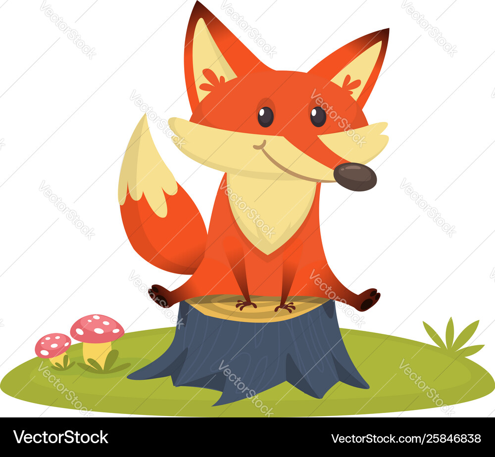Cartoon happy fox sitting on tree stump Royalty Free Vector