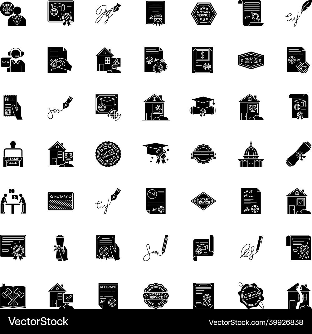 Notary services black glyph icons set on white Vector Image