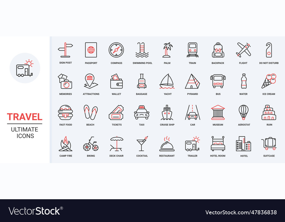 Travel trendy red black thin line icons set Vector Image