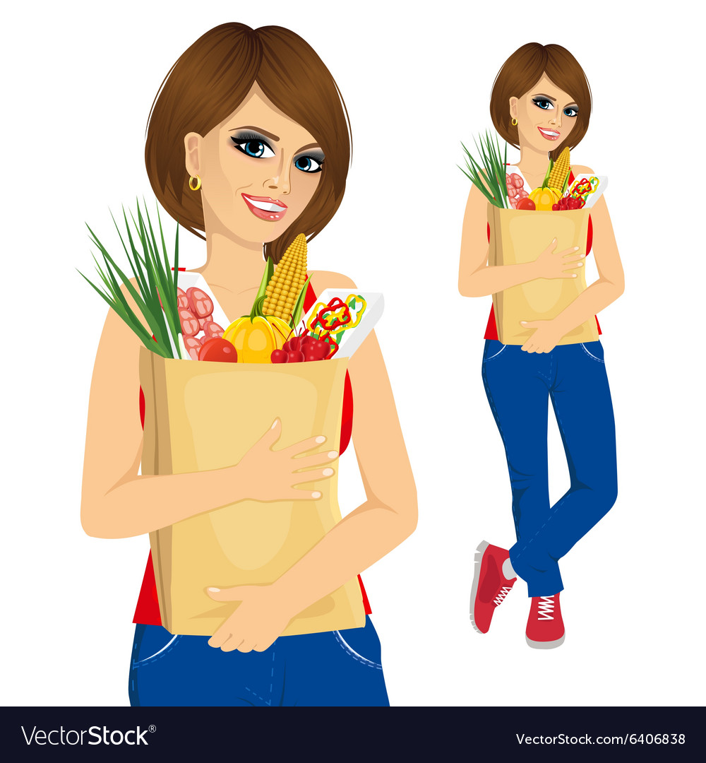 Young Woman Carrying Grocery Paper Bag Royalty Free Vector