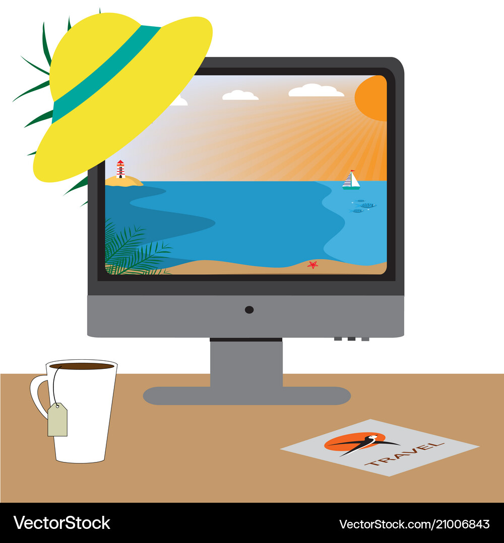 Computer screen with beach online travel Vector Image