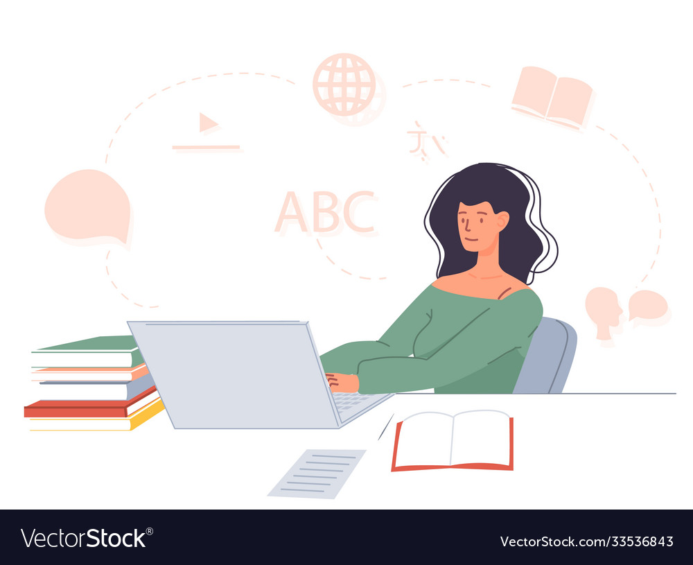 Woman studying foreign language online on laptop Vector Image