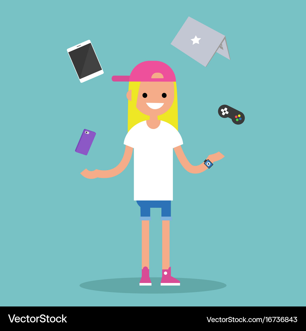 Young blond girl juggling electronic devices Vector Image