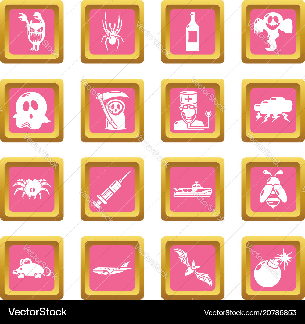 Fears phobias icons set pink square Royalty Free Vector