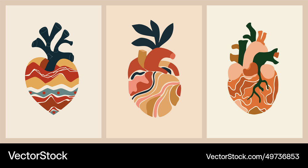 Set of abstract boho style heart posters Vector Image