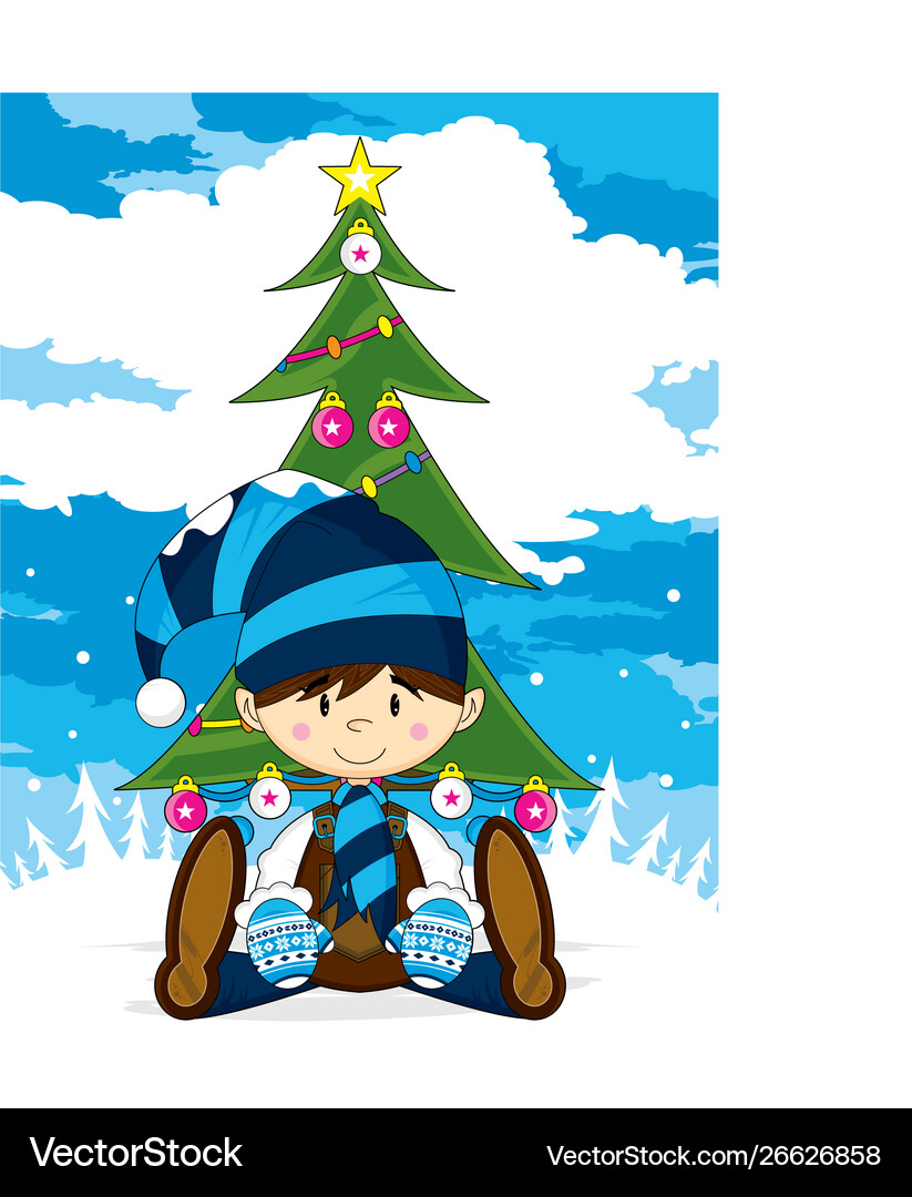 Cartoon elf and christmas tree Royalty Free Vector Image