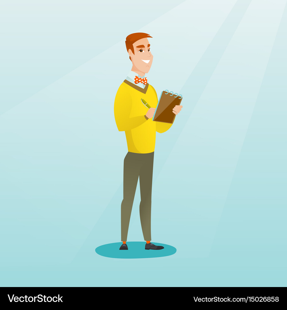Journalist writing in a notebook with a pencil Vector Image