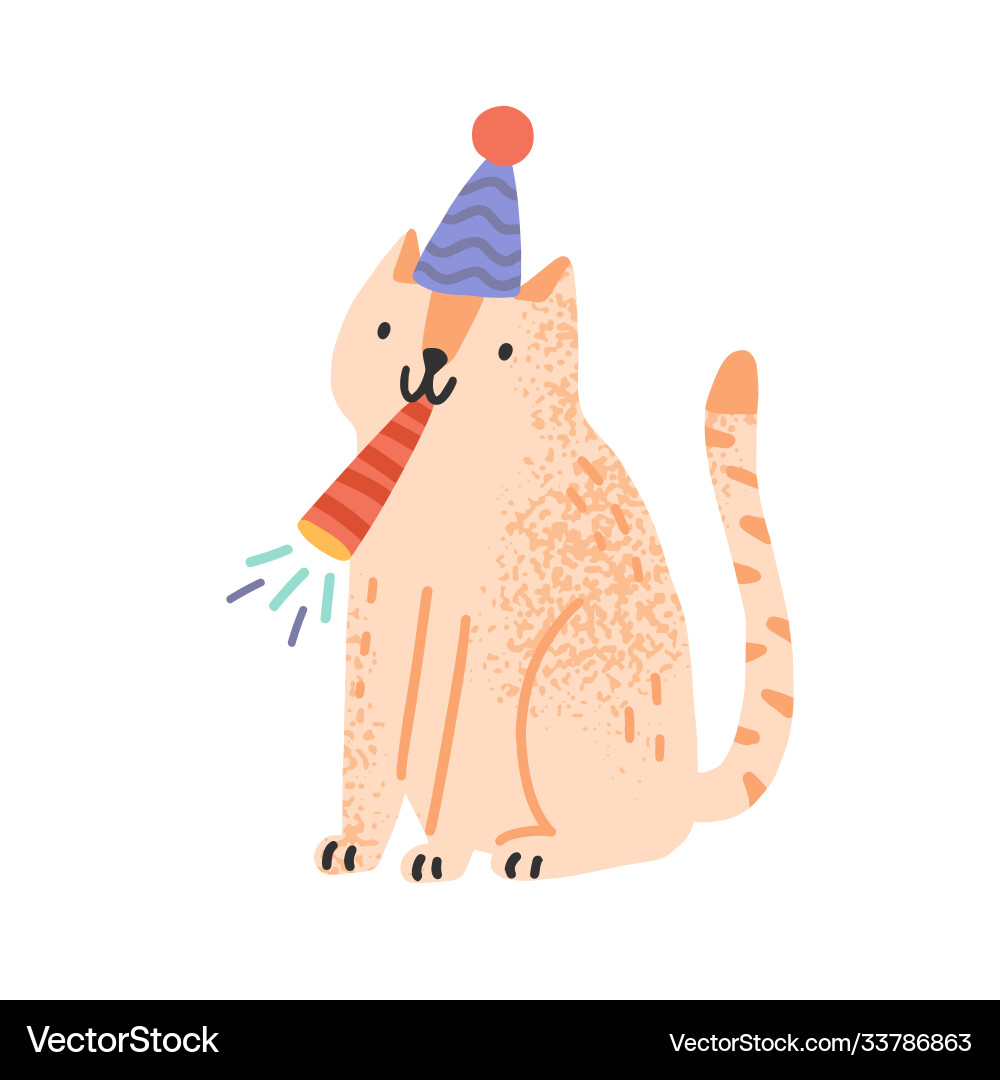 Cute cat blow in festive whistle flat Royalty Free Vector