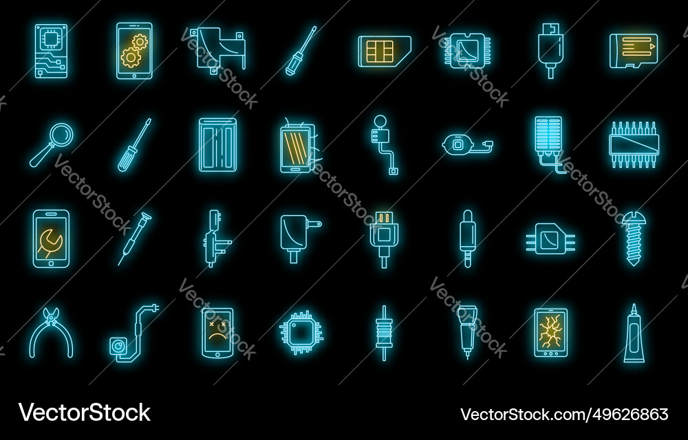 Mobile phone maintenance icons set neon Royalty Free Vector