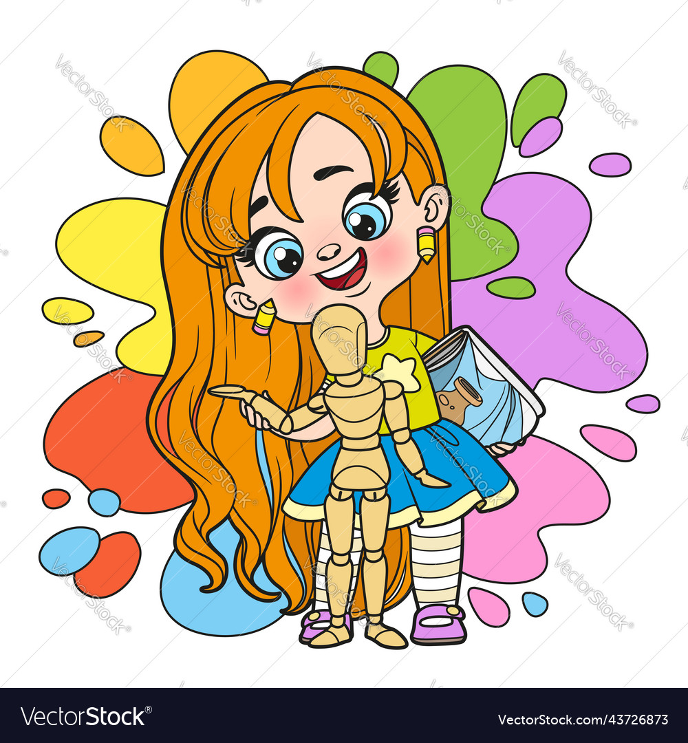 Cute Cartoon Long Haired Girl Holding Royalty Free Vector