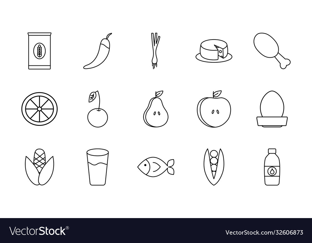 Icon set healthy food and fruits line style Vector Image