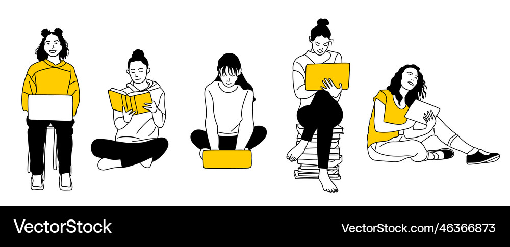Linear set of education girls Royalty Free Vector Image