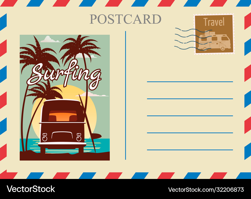 Postacrd summer vintage van bus surfer ocean Vector Image