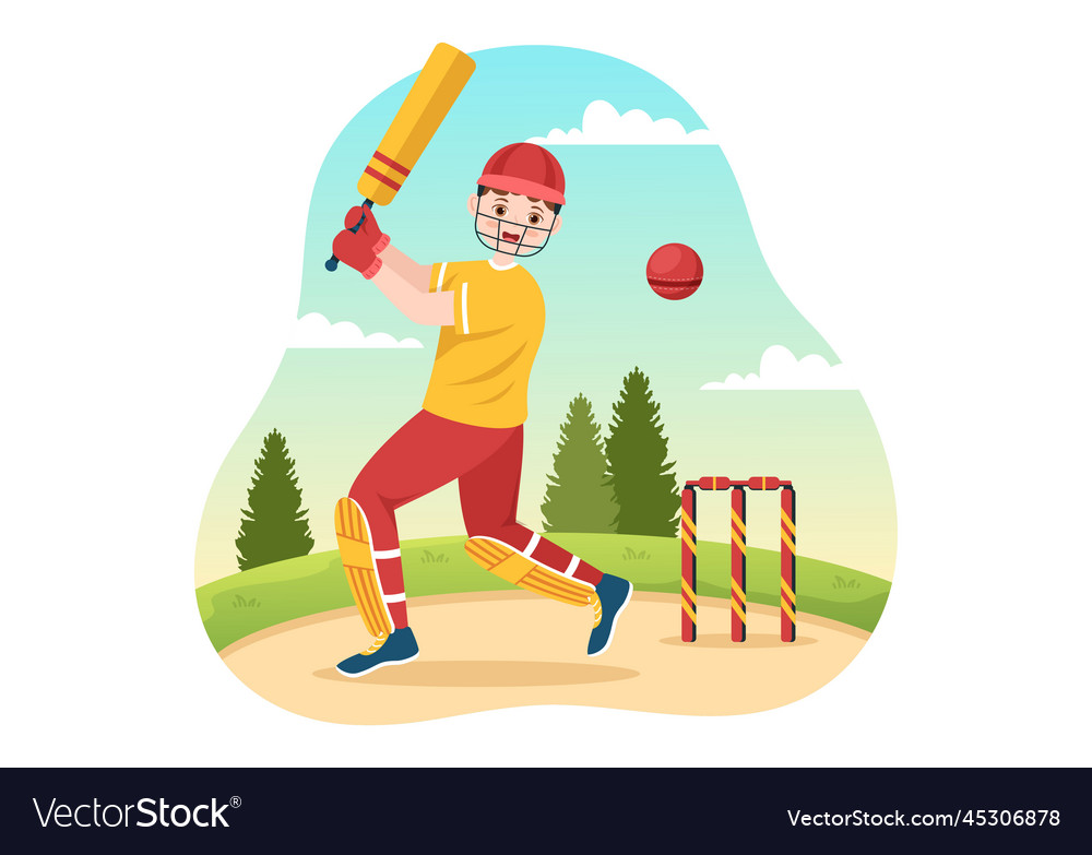 Batsman playing cricket sport with bat and balls Vector Image