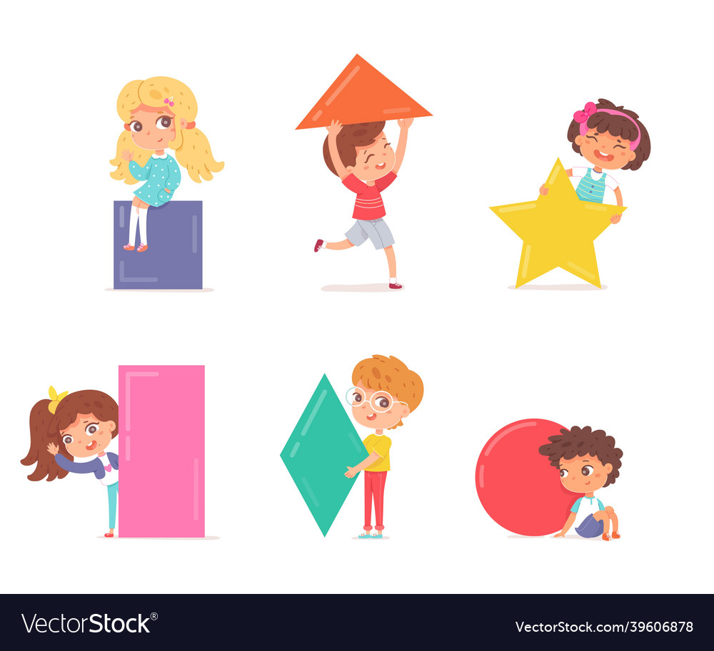 Cute kids holding geometric shapes set primary Vector Image