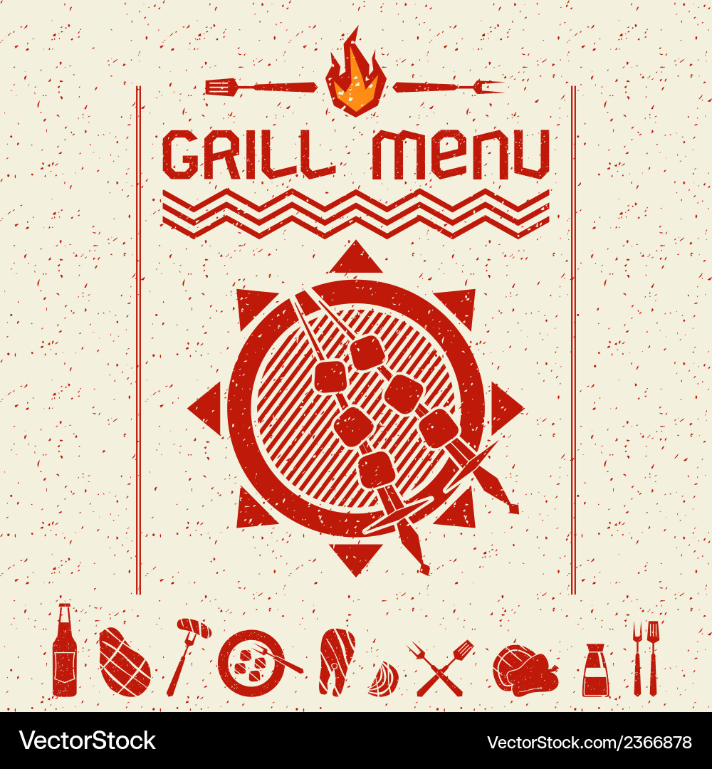Grill menu emblem and icons dark red Royalty Free Vector