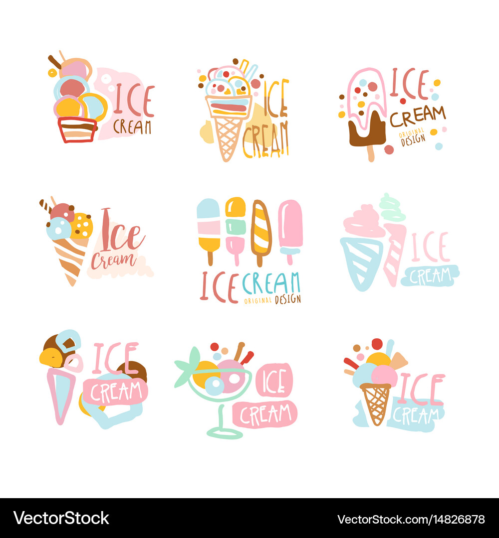 Ice cream labels set colorful hand drawn Vector Image