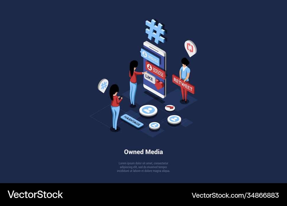 Isometric businessmen working on owned media Vector Image