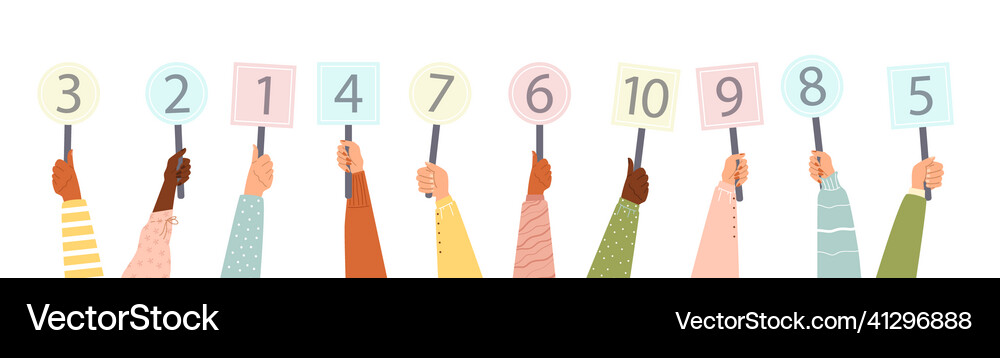 Hands holding score cards with numbers flat Vector Image