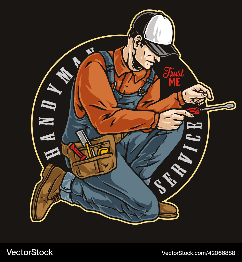 Repair worker with screwdriver round emblem Vector Image
