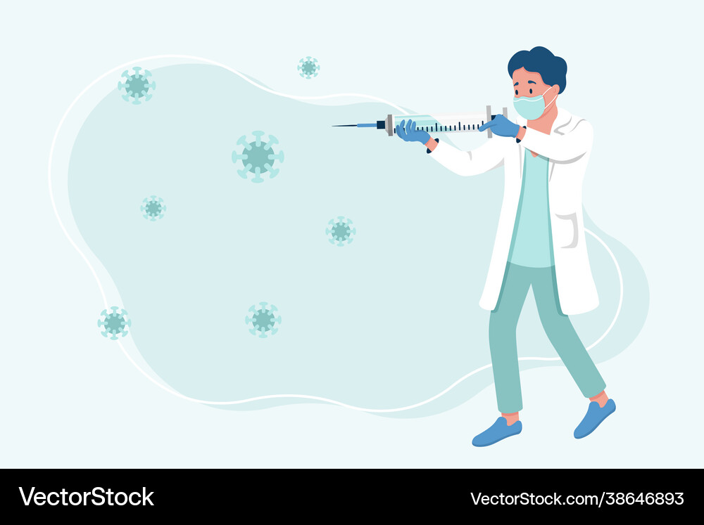 Doctor with giant syringe as a weapon Royalty Free Vector