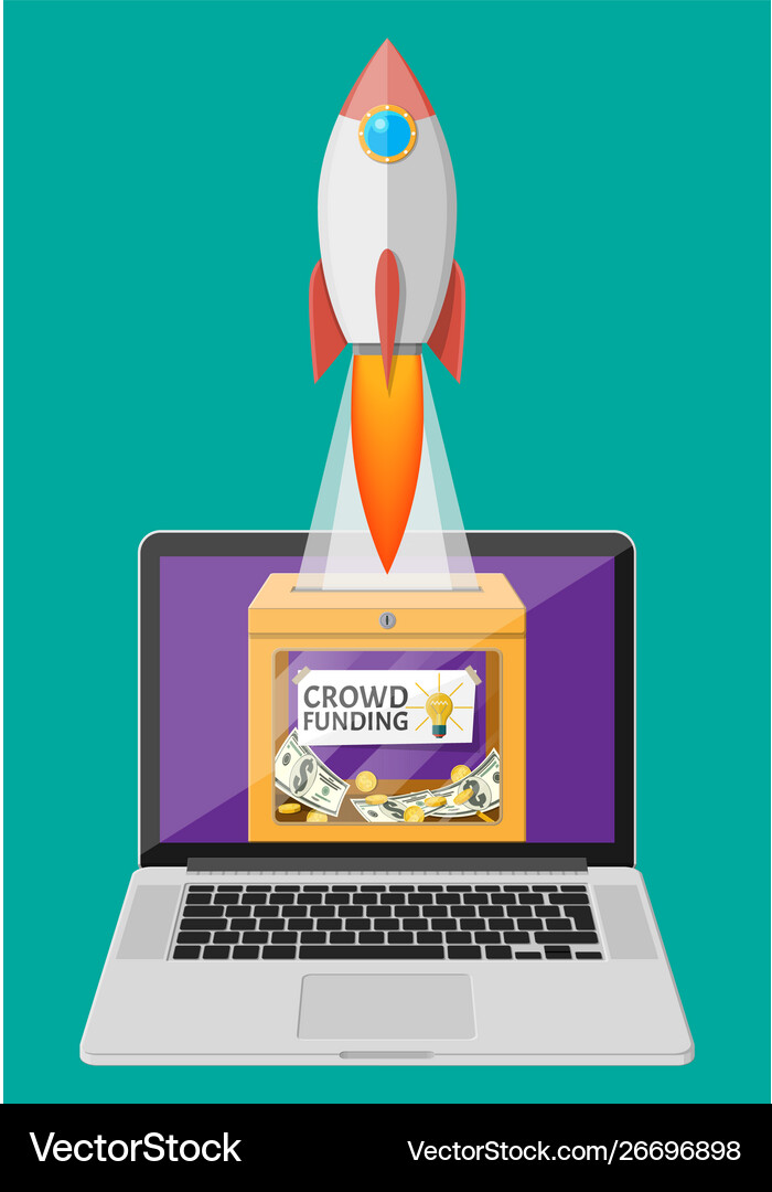 Donate box with money and space rocket on laptop Vector Image