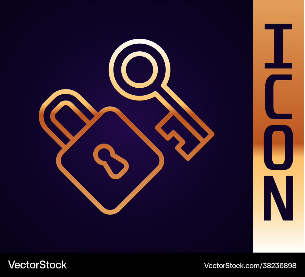 Gold line lock with key icon isolated on black Vector Image