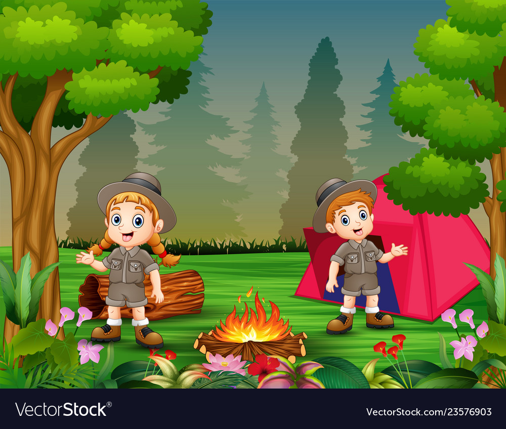 Boys And Girls In Camping Outfit Near Bonfire And Vector Image boys-and-girls-in-camping-outfit-near-bonfire-and-vector-image