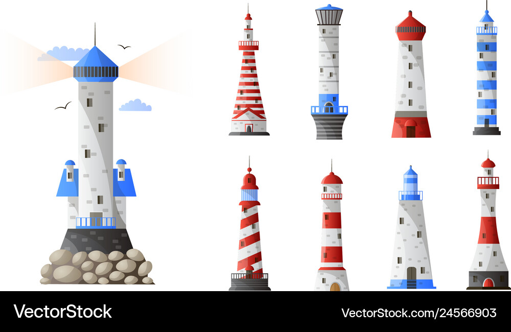 Cartoon lighthouse different types set isolated on