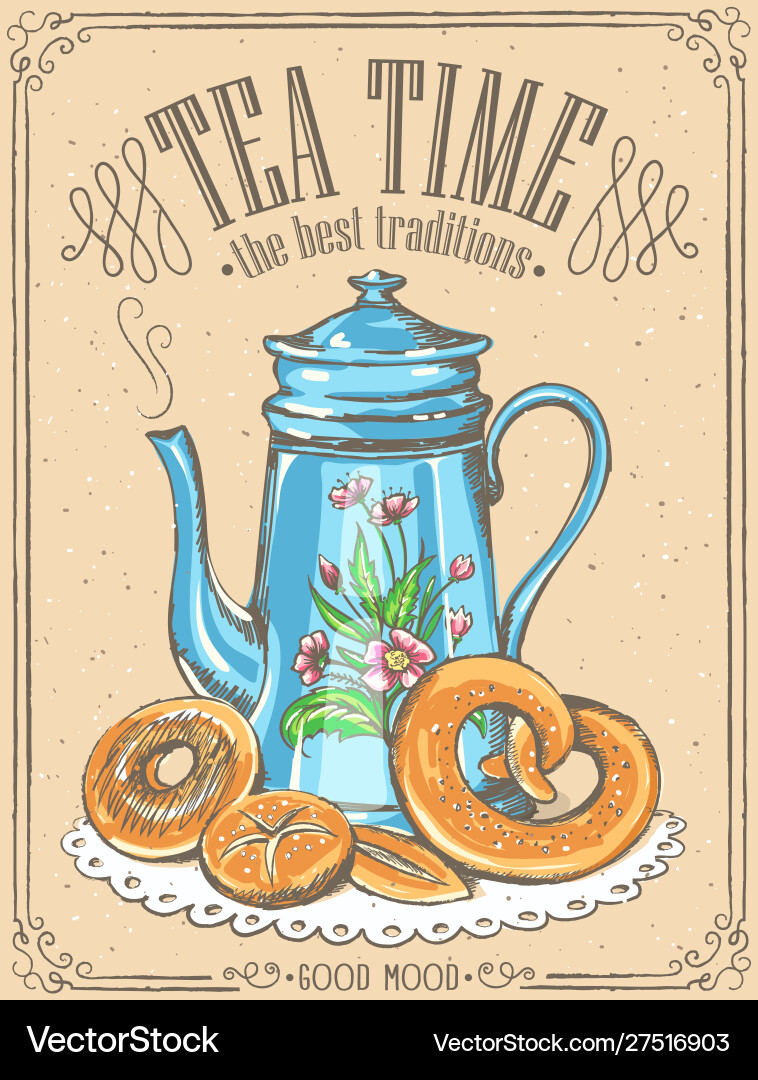 Retro tea time with teapot and bakery Royalty Free Vector