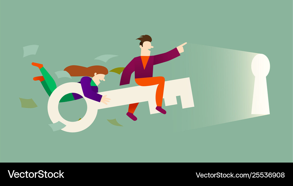 Cartoon characters fly on key into keyhole Vector Image