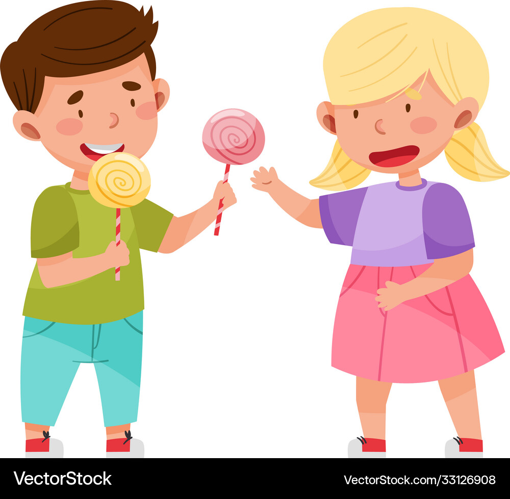 Little girl sharing candy with boy Royalty Free Vector Image
