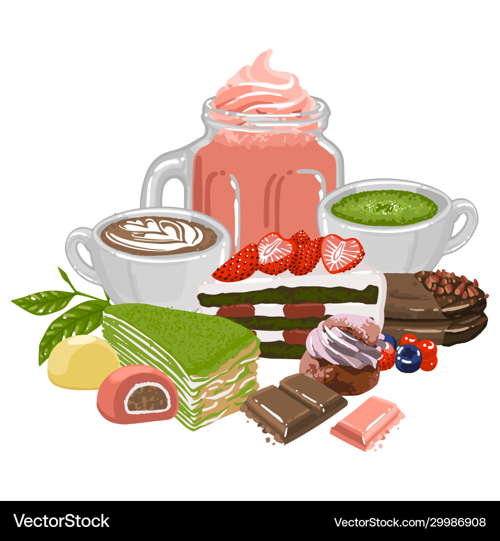 Sweet coffee matcha tea and milkshake surrounded Vector Image