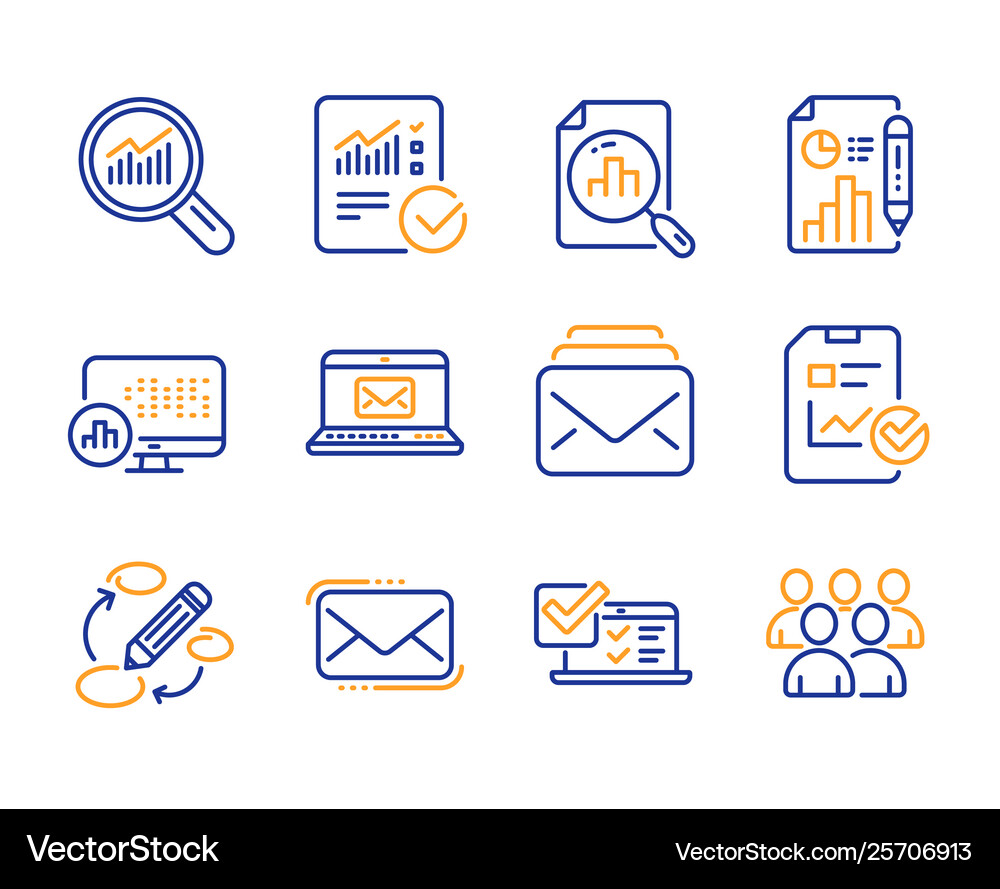 Analytics graph mail and keywords icons set data Vector Image