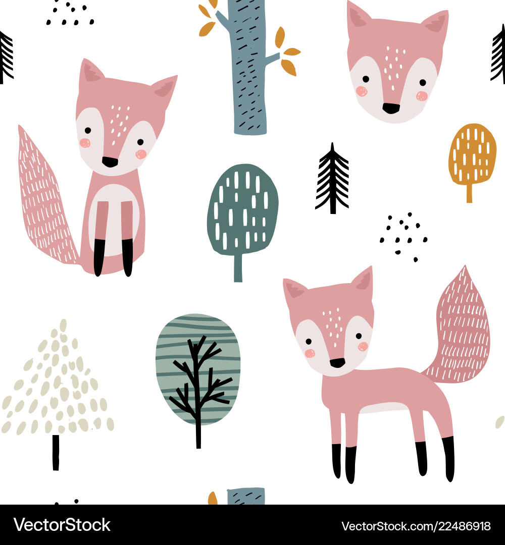 Seamless woodland pattern with cute foxes and hand