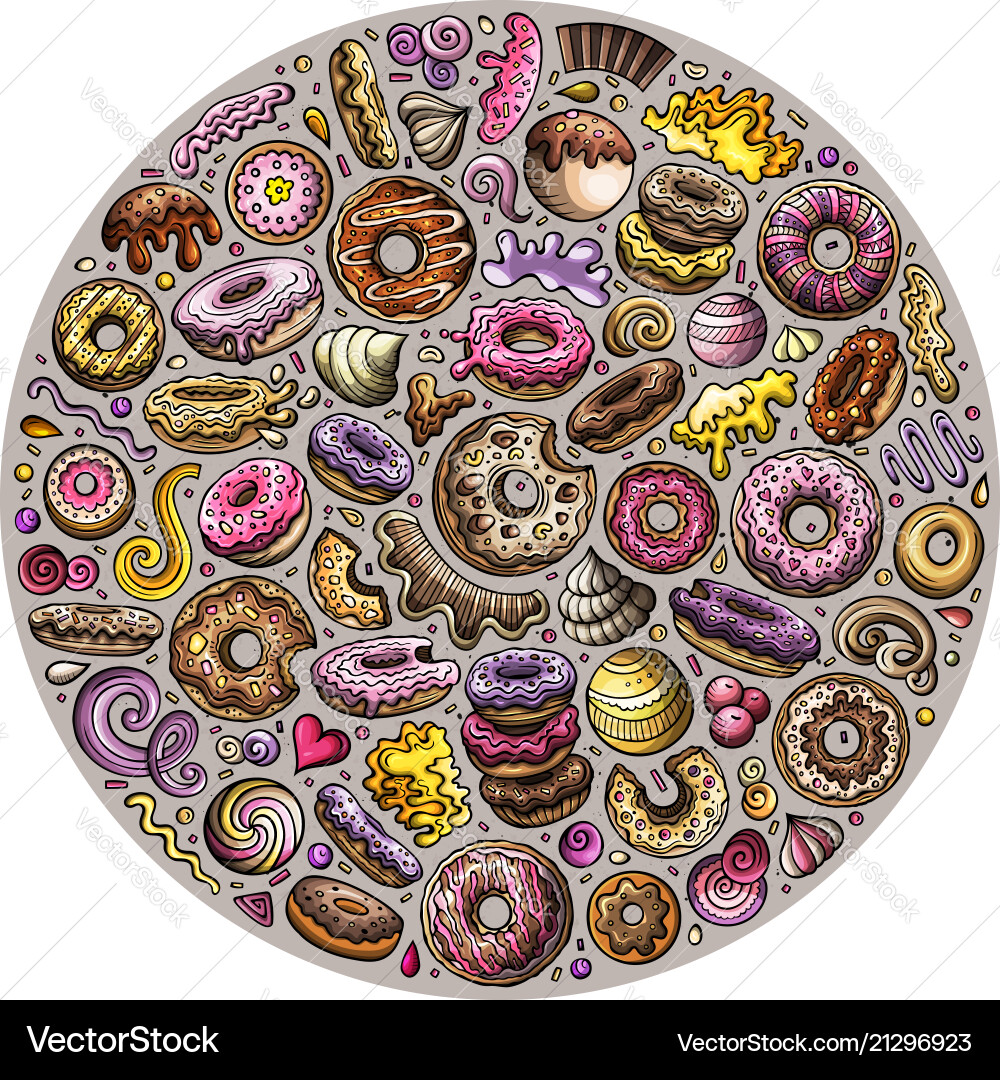 Colorful hand drawn set donuts cartoon Royalty Free Vector