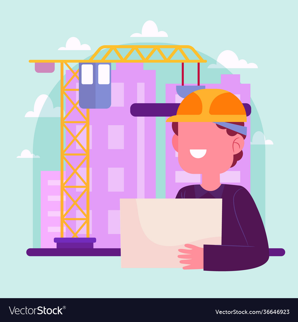 Flat engineers working on construction Royalty Free Vector