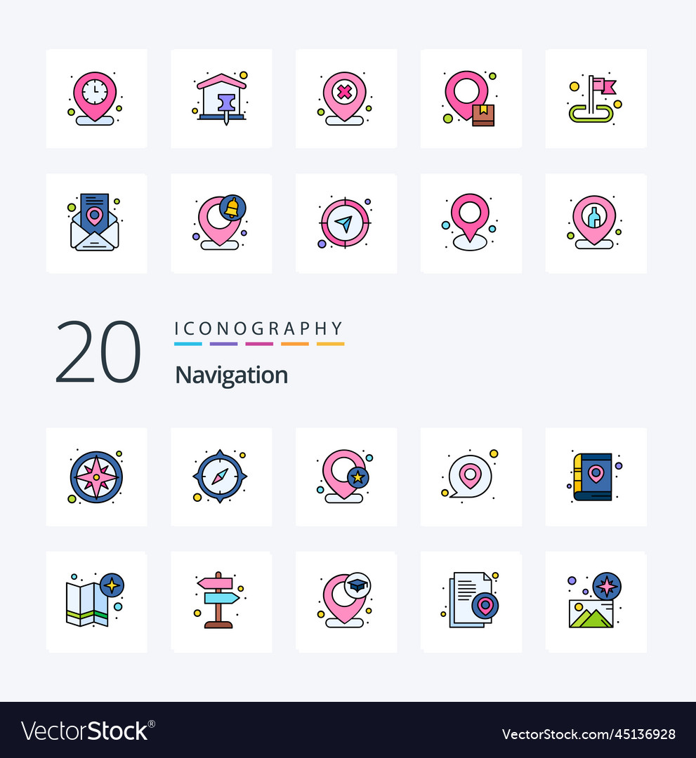 20 navigation line filled color icon pack like Vector Image