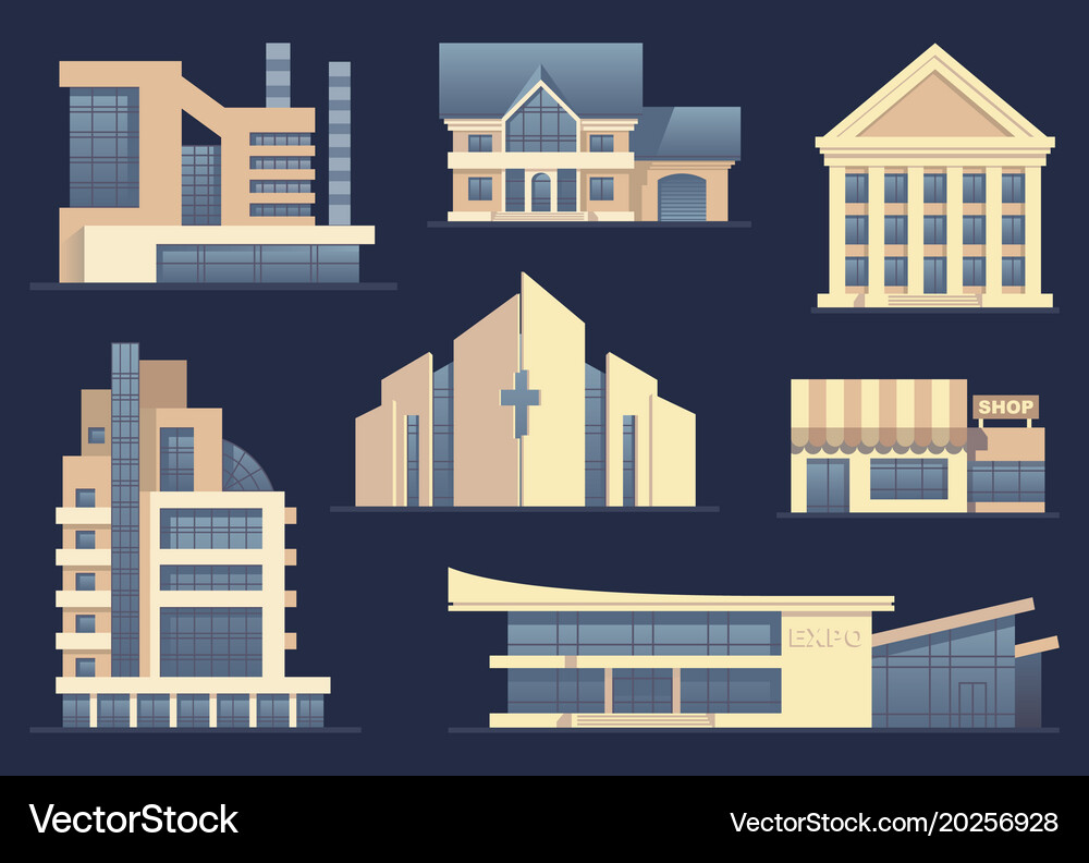 Detailed images various types buildings Royalty Free Vector