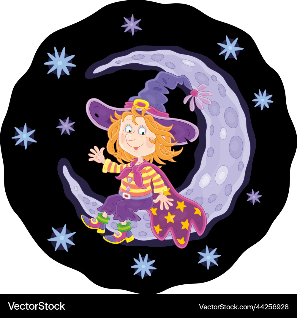 Little witch sitting on a shining crescent moon Vector Image