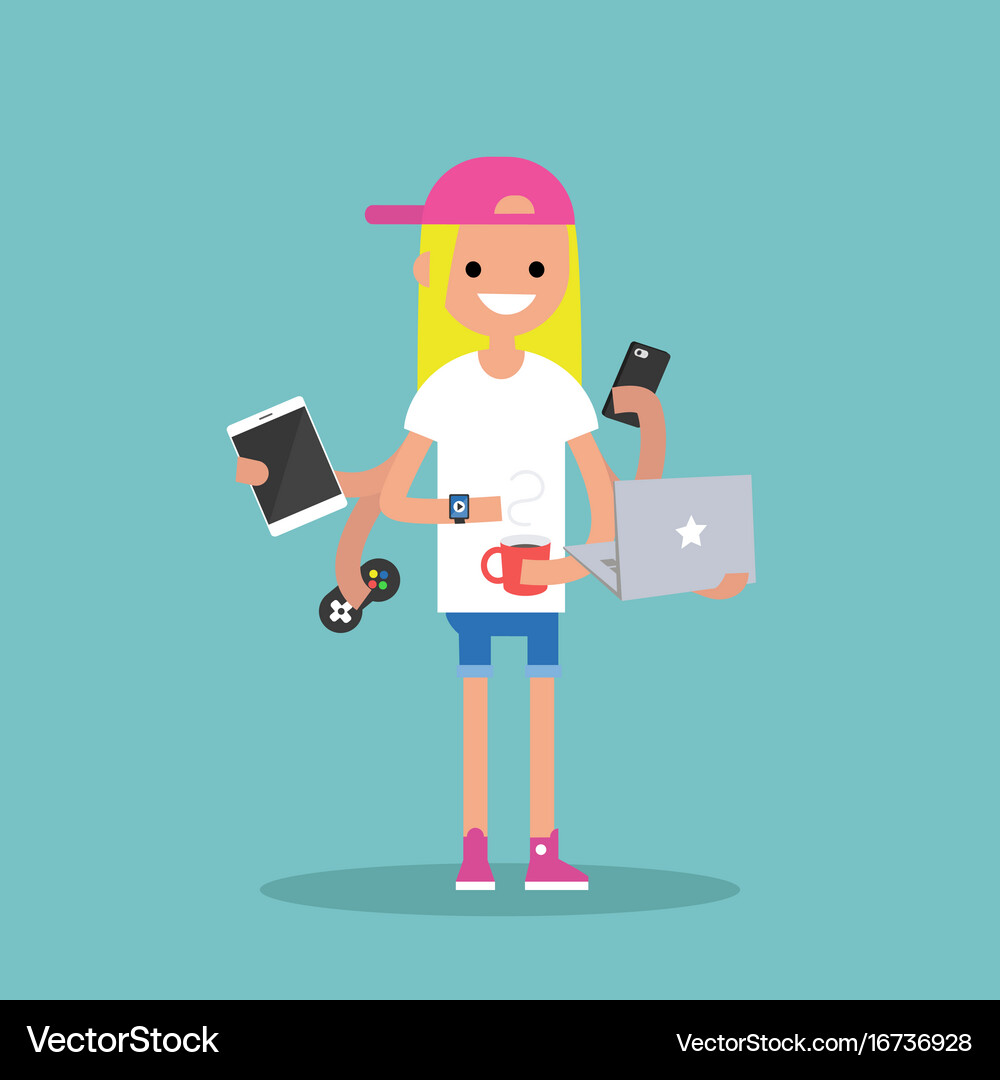 Multitasking millennial concept young blond girl Vector Image