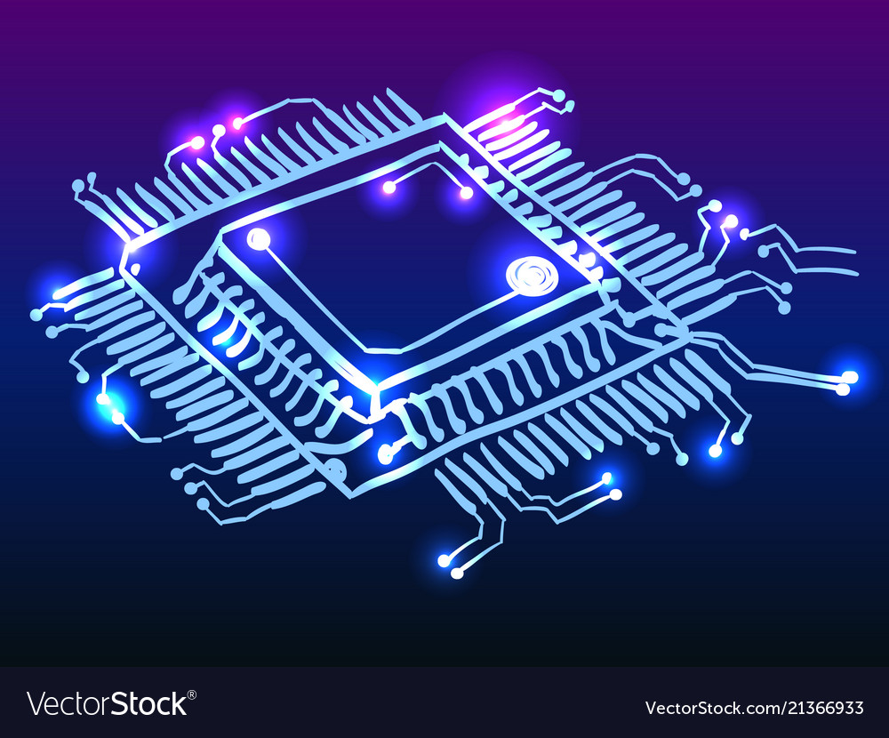 Microchip processor glowing doodle Royalty Free Vector Image