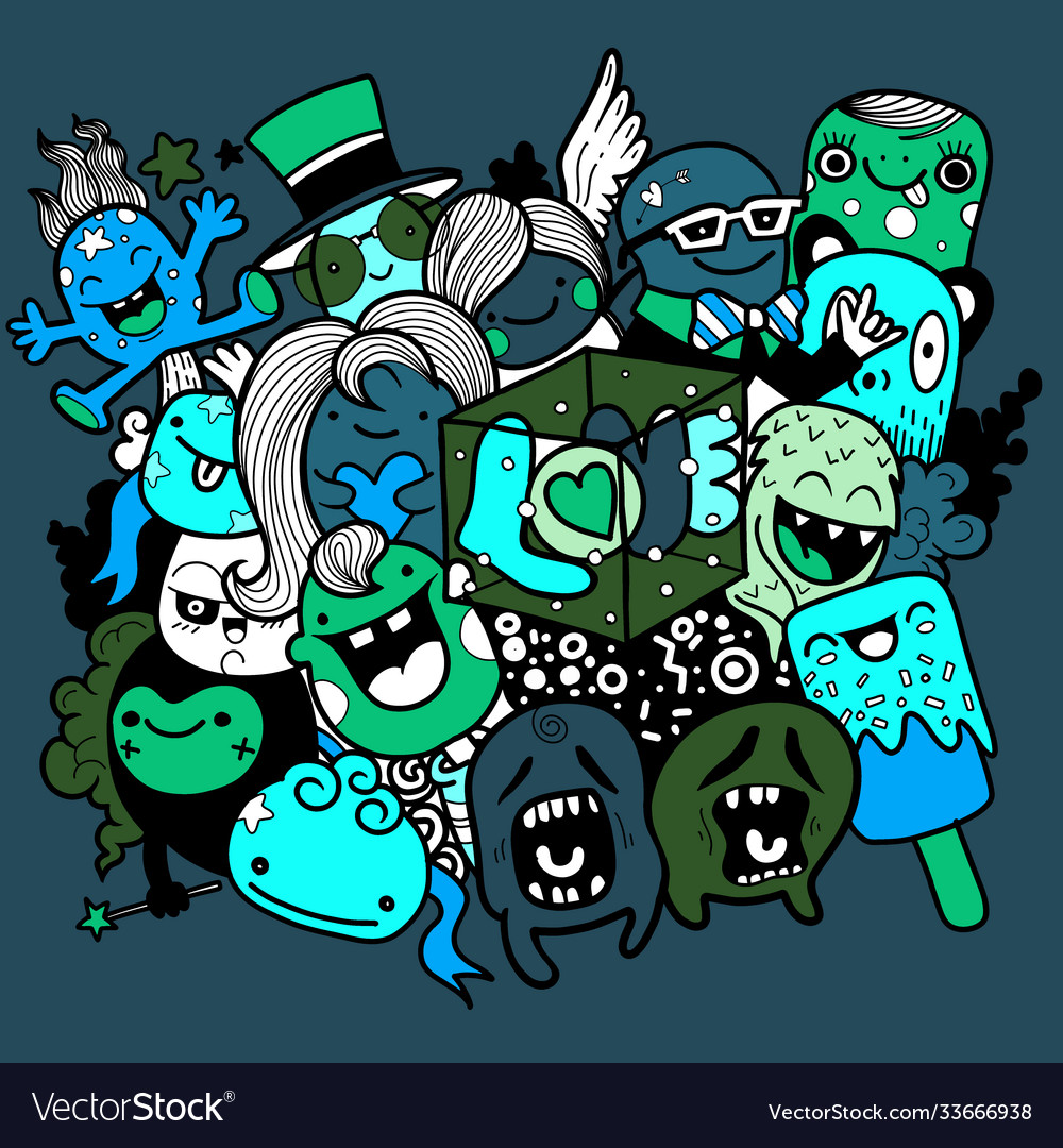 Hand drawn cute monsters with letters love Vector Image