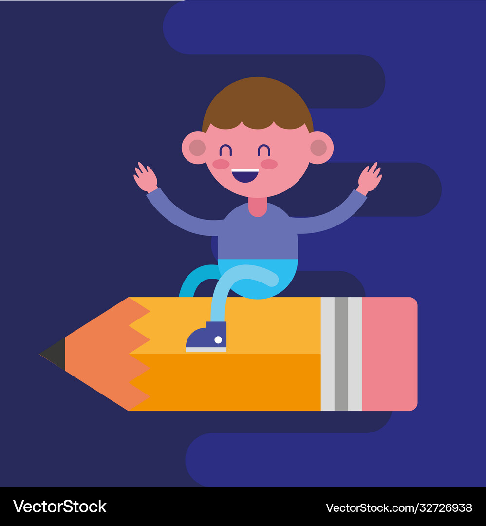 Little student boy in pencil comic character Vector Image
